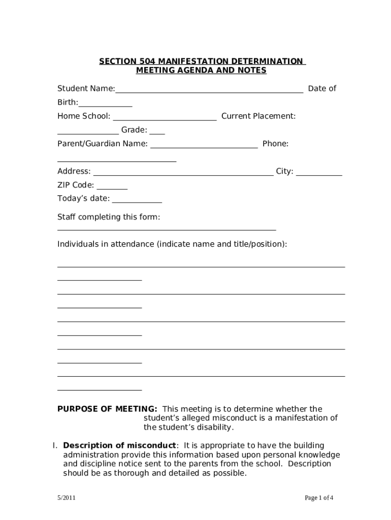 Manifestation Determination Section 504 Doc Template | pdfFiller
