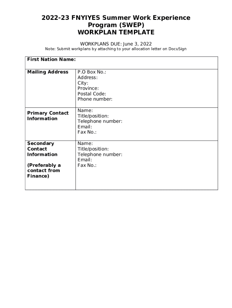 2022-2023 FNYIYES -Summer Work Experience Program (SWEP)WORKPLAN ...