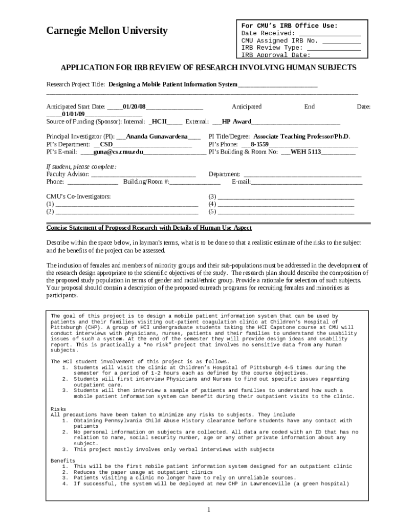 APPLICATION FOR IRB REVIEW OF RESEARCH INVOLVING HUMAN SUBJECTS Doc Template | pdfFiller