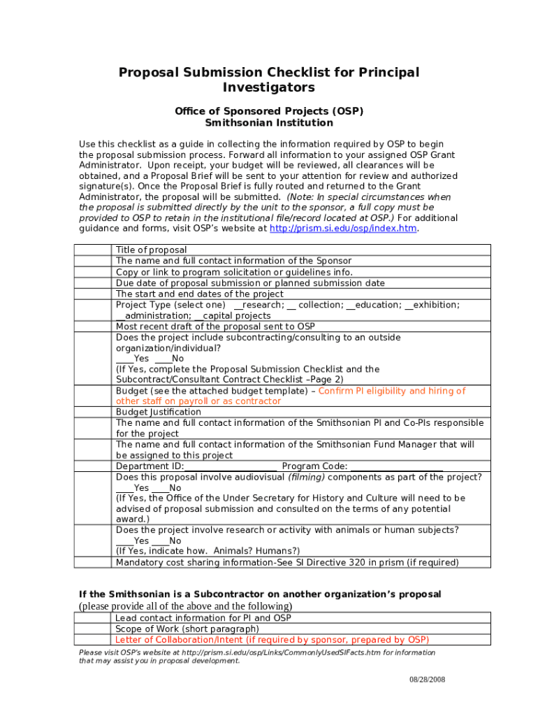 Proposal Submission Checklist for Principal Investigators Doc Template ...