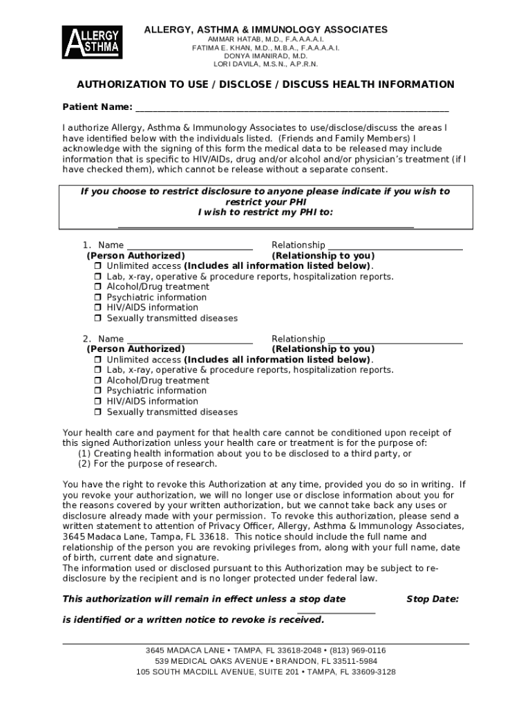 AUTHORIZATION TO USE / DISCLOSE / DISCUSS HEALTH INATION Doc Template | pdfFiller