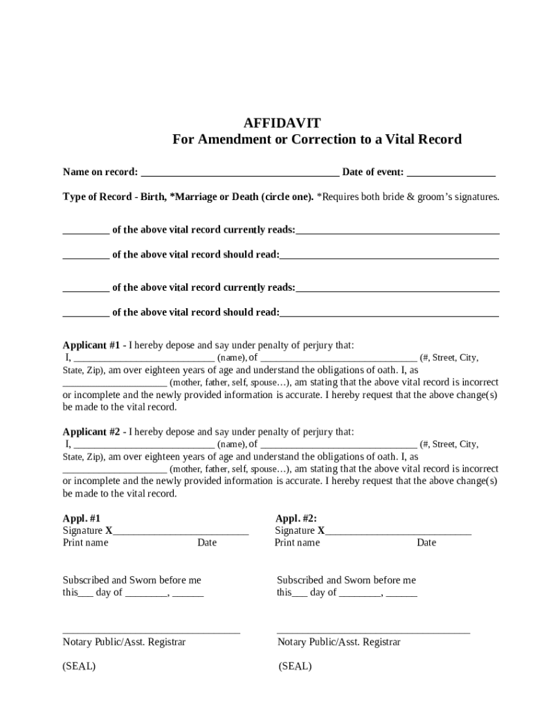 For Amendment or Correction to a Vital Record Doc Template | pdfFiller