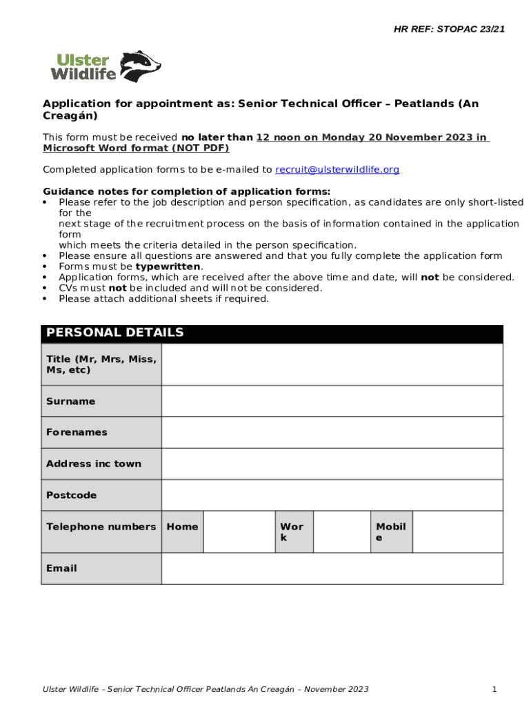 Senior Technical Officer Peatlands Application Doc Template | pdfFiller