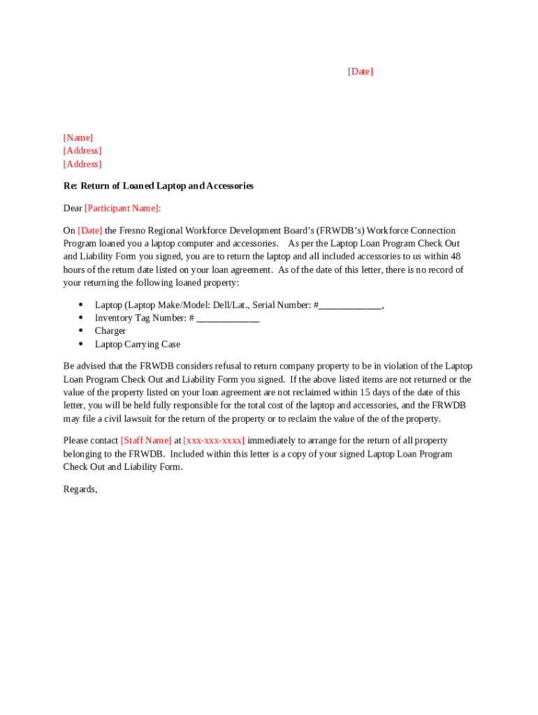 GSA003 Laptop Return Letter Template Doc Template | pdfFiller