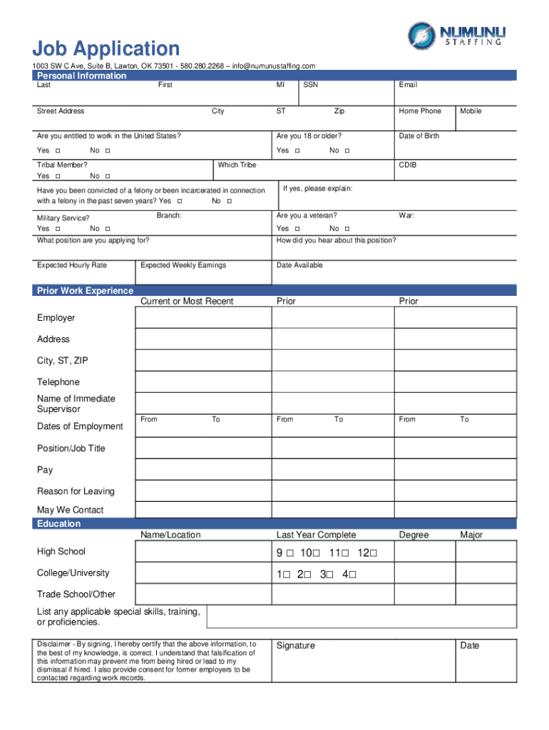 Fillable Online Numunu StaffingA Comanche Nation of Oklahoma Business ...