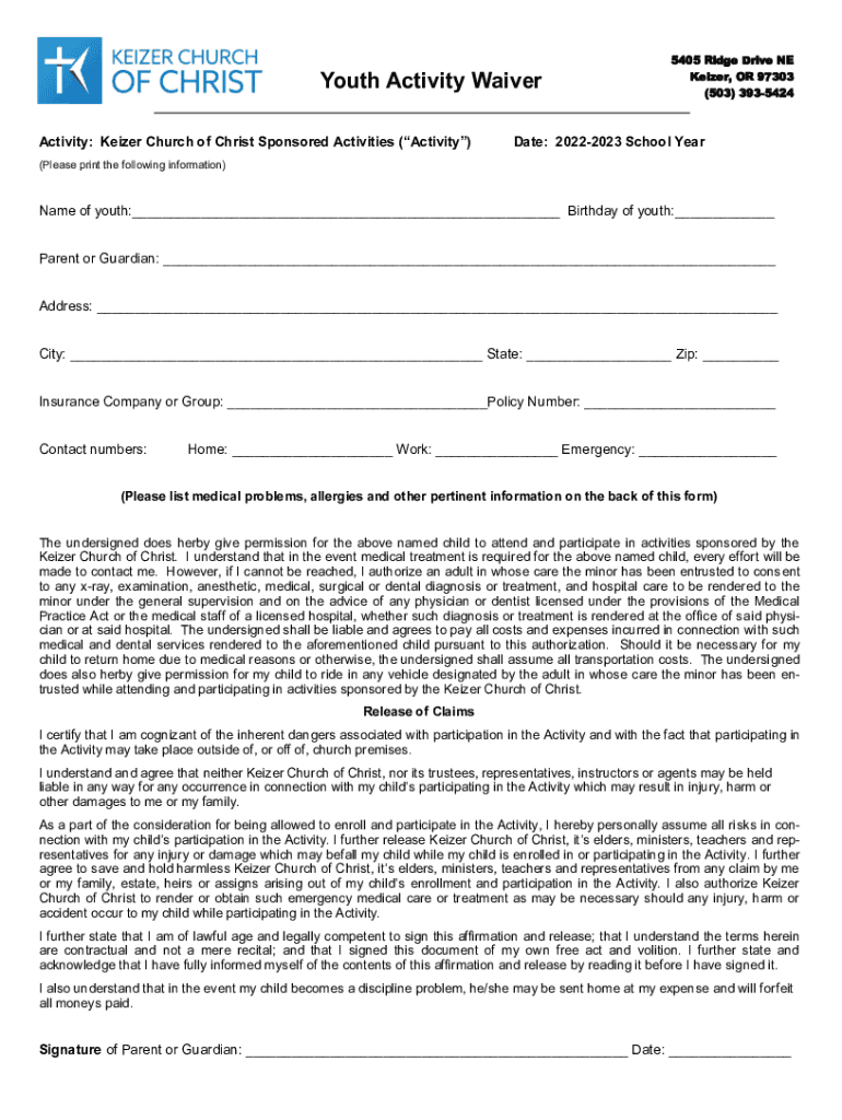 Fillable Online Youth Activity Waiver Fax Email Print - pdfFiller
