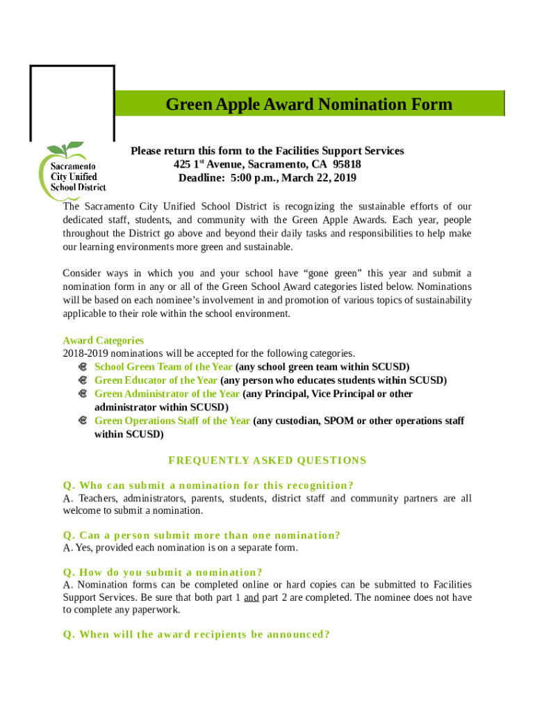 Green Apple Award Nomination ... Doc Template | pdfFiller