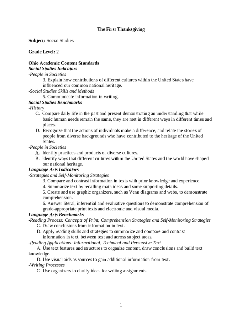 Indiana Academic Standards Grade 1 Social Studies Doc Template | pdfFiller