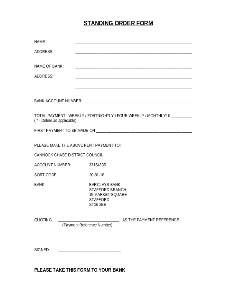 SW9 Community Housing Standing Order - London Doc Template | pdfFiller