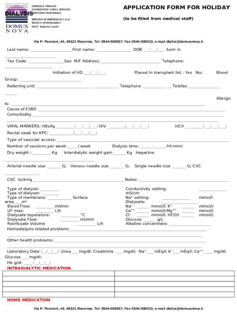 application for holiday dialysis - Domus Nova Ravenna Doc Template | pdfFiller