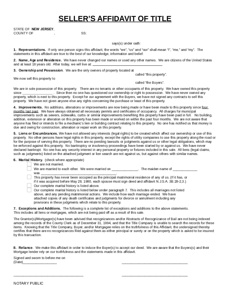SELLER'S AFFIDAVIT OF TITLE STATE OF NEW ... Doc Template | pdfFiller