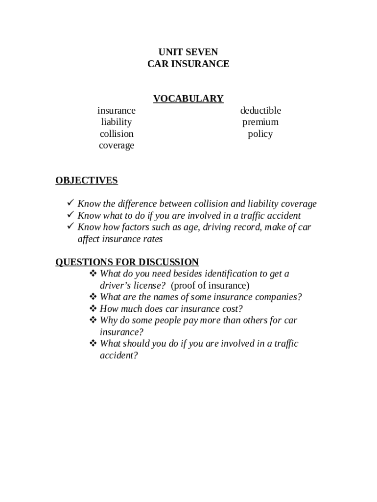 Car Insurance Deductibles and Liability Limits Doc Template | pdfFiller