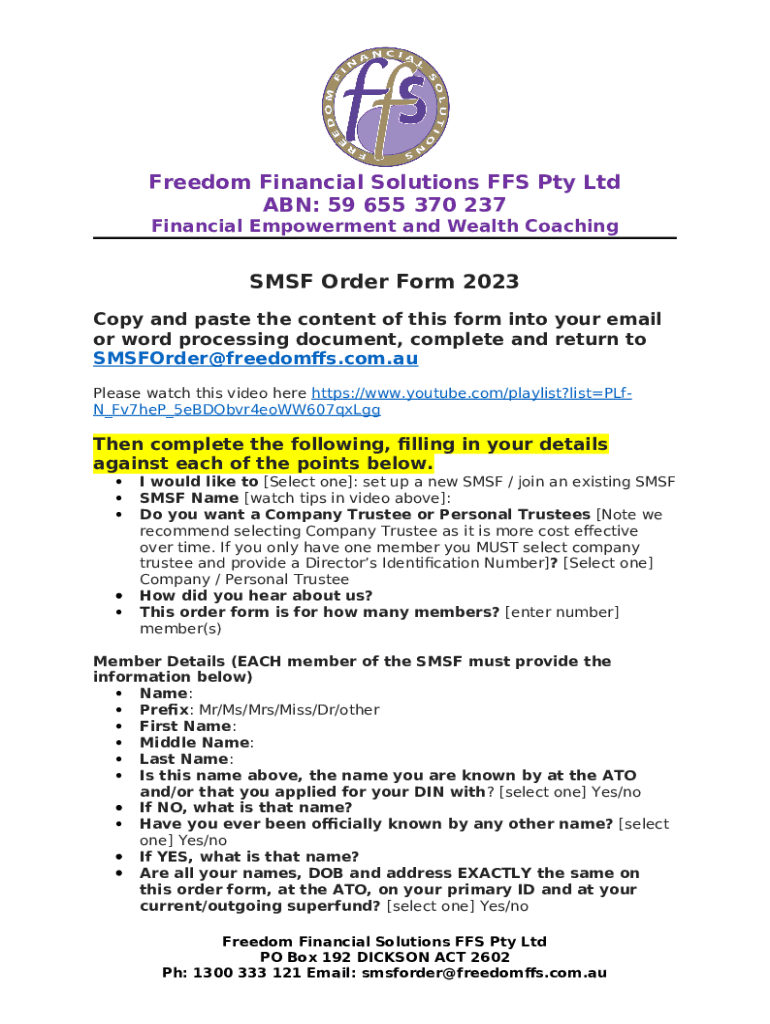 SMSF Set Up How to Complete the Order with Mary- ... Doc Template | pdfFiller