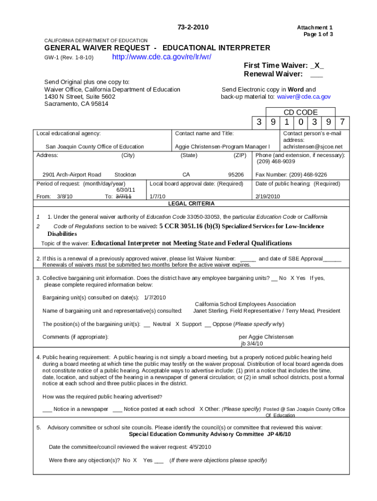 General waiver request - Waiver s (CA Dept of Education). for ...