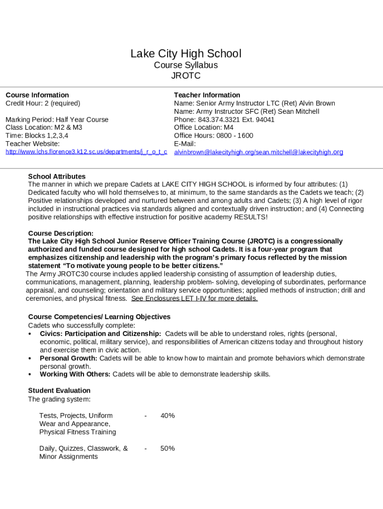 Sean Mitchell - JROTC Army Instructor - Lake City High ... Doc Template | pdfFiller