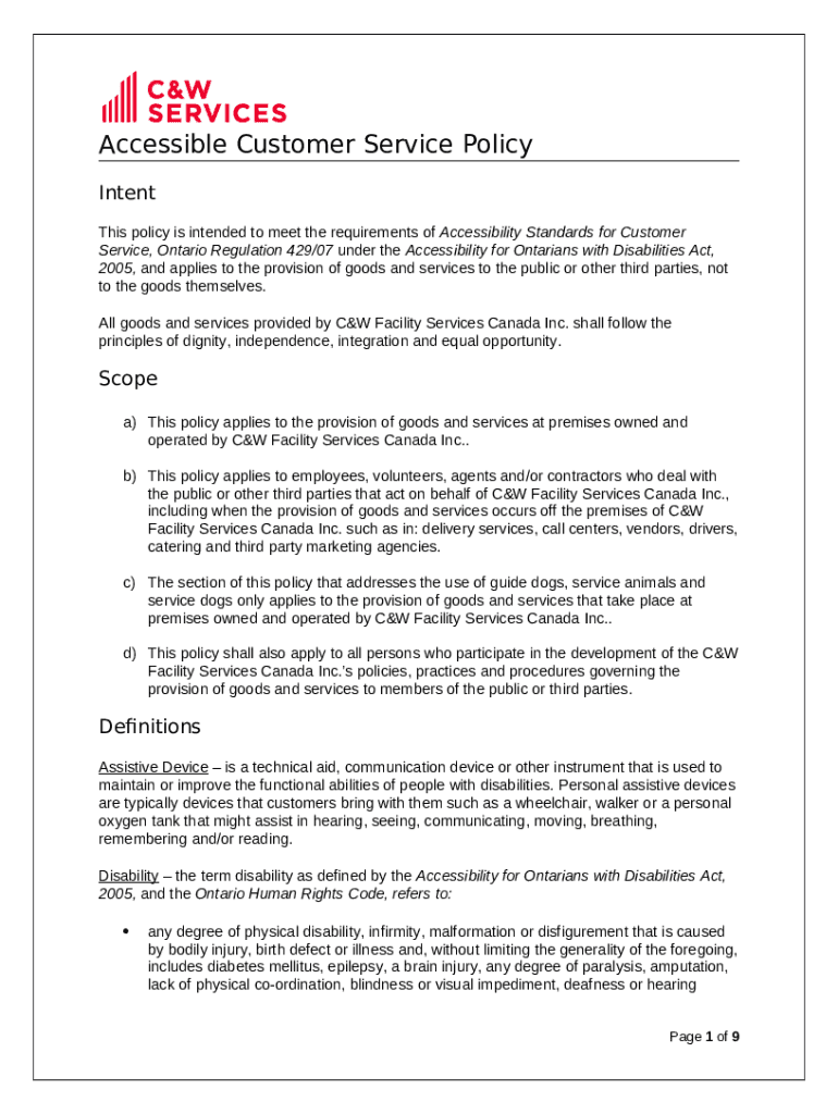 Accessible Customer Service Standard Policy Doc Template | pdfFiller