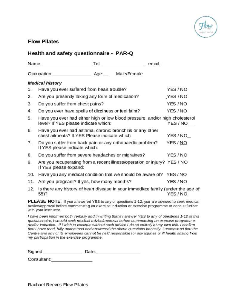 Par-Q/Medical QuestionnaireDynamic s Doc Template | pdfFiller