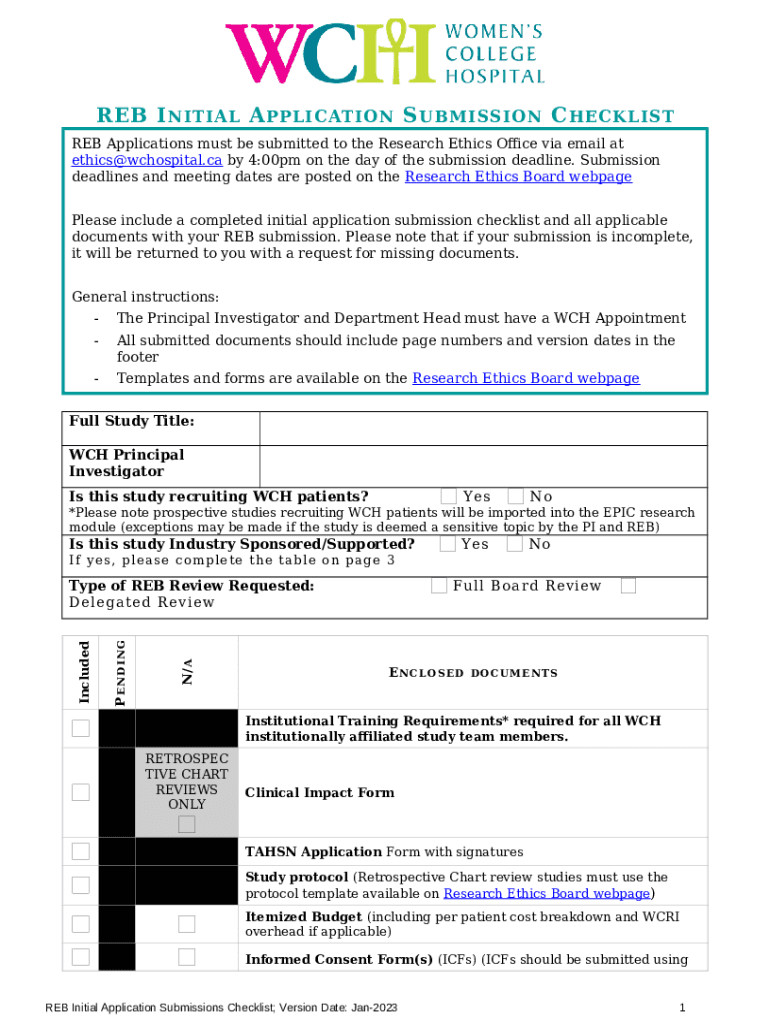 REB Initial Application Submission Checklist Doc Template | pdfFiller