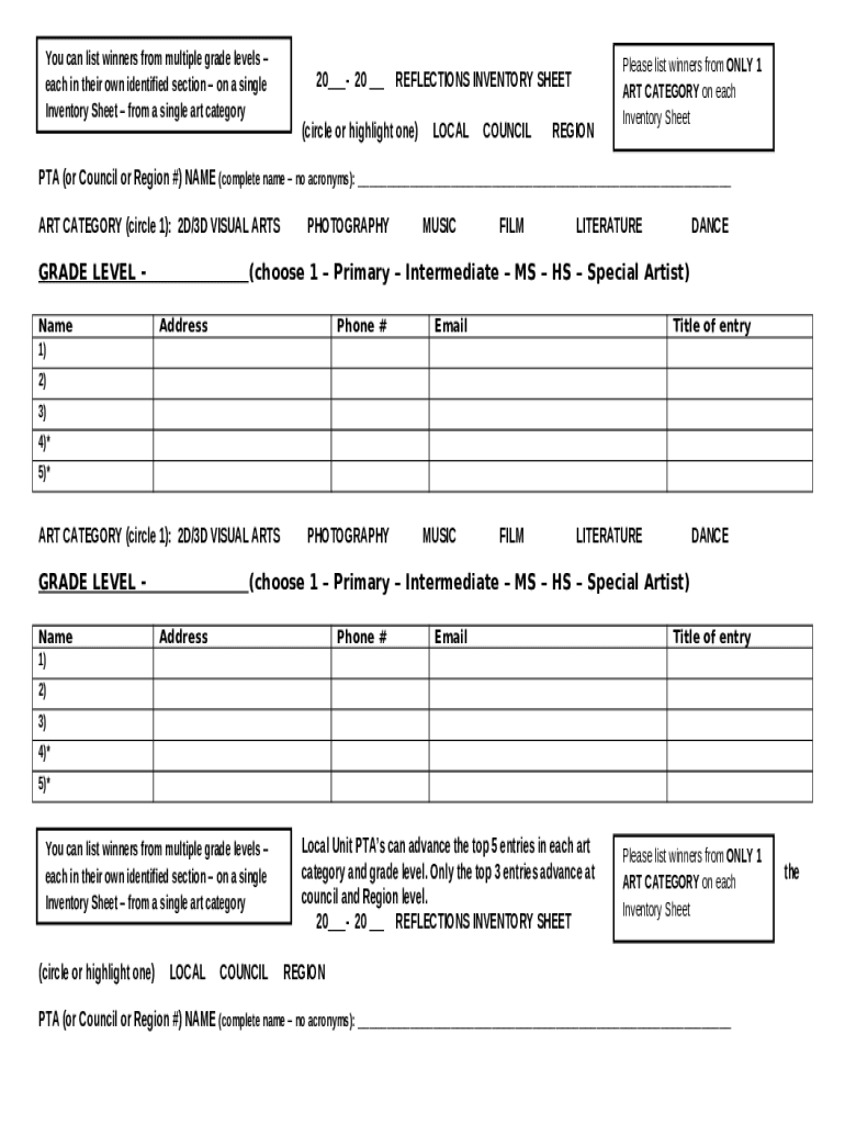 PA PTA Reflections NEW Inventory .doc Doc Template | pdfFiller