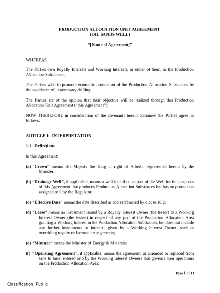 Production Allocation Unit Agreement (Oil Sands Well). Oil Sands PAUA Model Agreement Doc ...