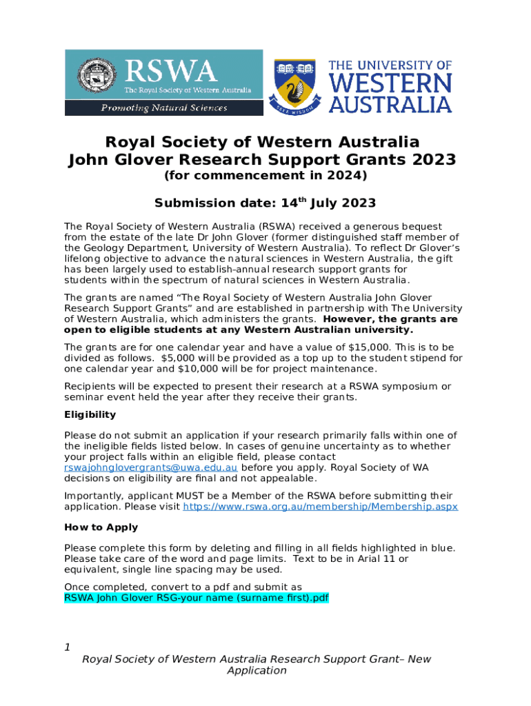 RSWA-John-Glover-Research-Grants-Application-- ... Doc Template | pdfFiller