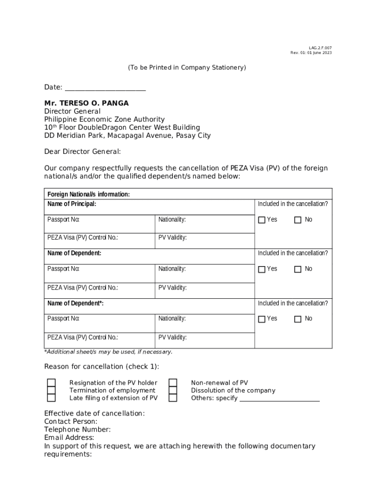 Request Letter for the Cancellation of PEZA Visa Doc Template | pdfFiller