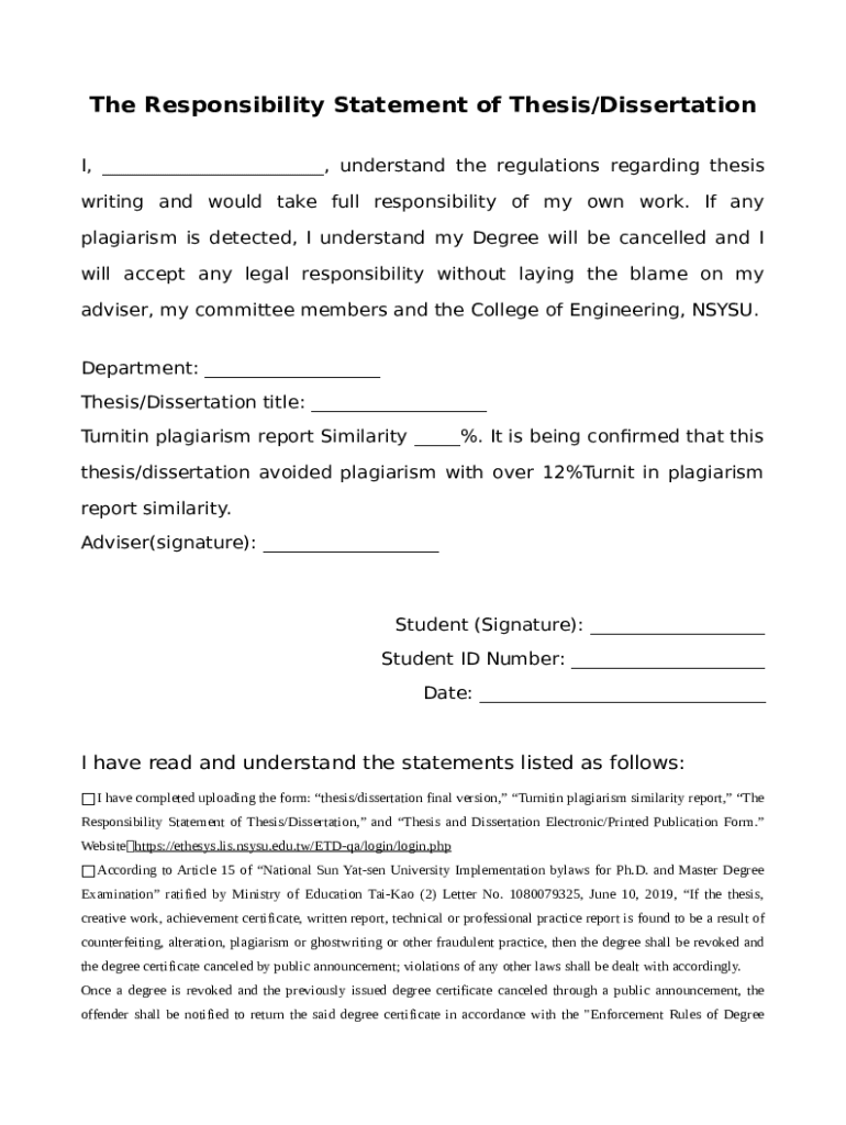 The Responsibility Statement of Thesis/Dissertation - cse nsysu edu Doc Template | pdfFiller