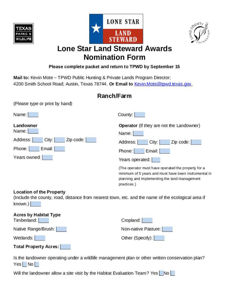 Lone Star Land Steward Awards Nomination Doc Template | pdfFiller