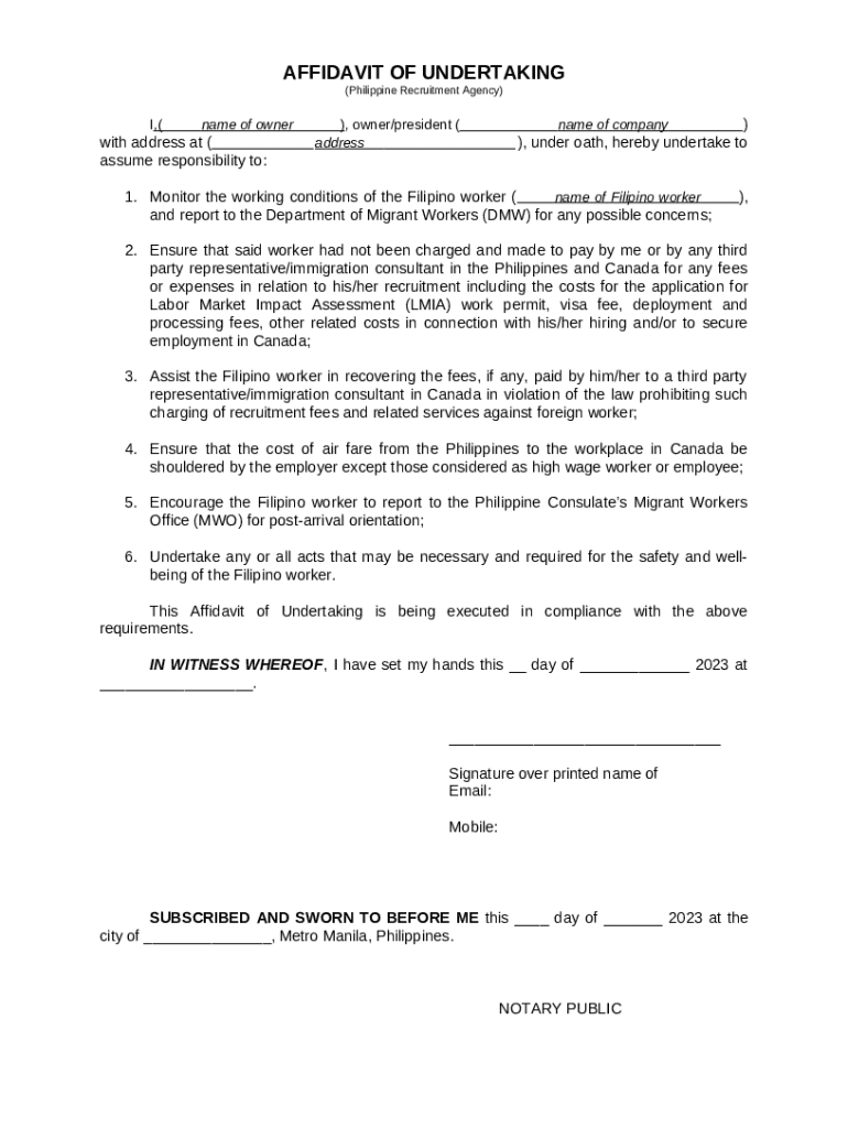 Sample of Affidavit of UndertakingPDF Doc Template | pdfFiller