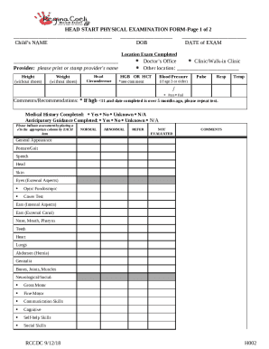 head start physical examination Doc Template | pdfFiller