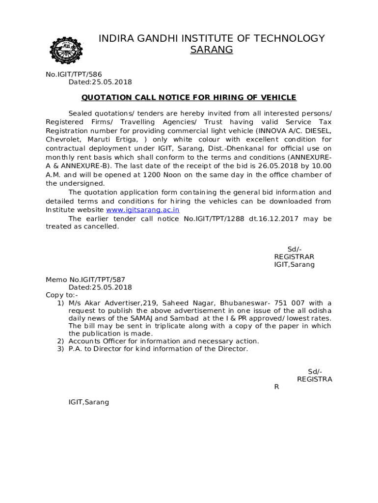 quotation/tender call notice for hiring of vehicle - igitsarang ac Doc ...
