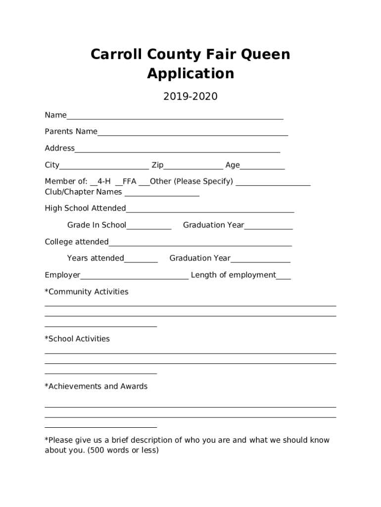 Carroll County Fair Queen Application Doc Template | pdfFiller