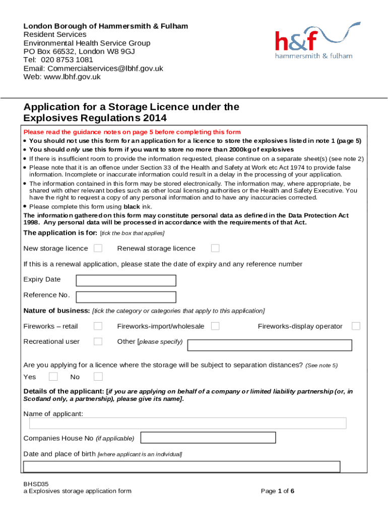 Application for a storage licence for explosives Doc Template | pdfFiller