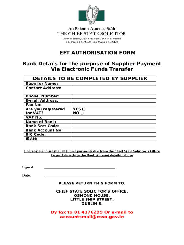 EFT Authorisation for Suppliers Doc Template | pdfFiller