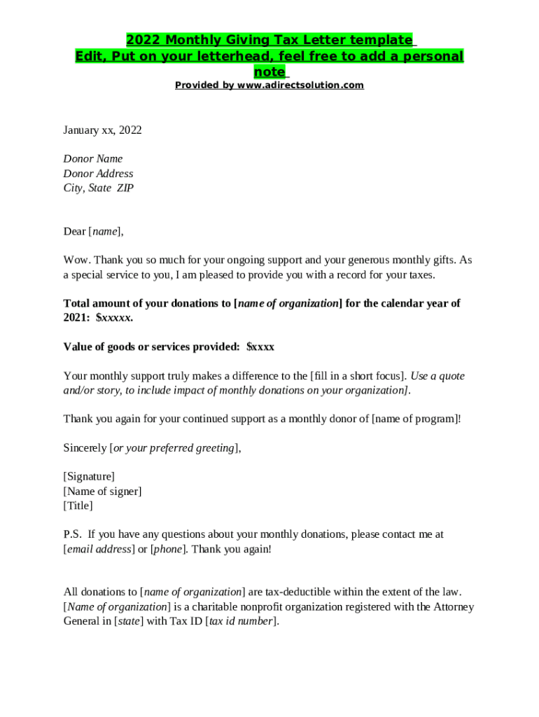 2022 Monthly Giving Tax Letter template Edit, Put on your ... Doc ...