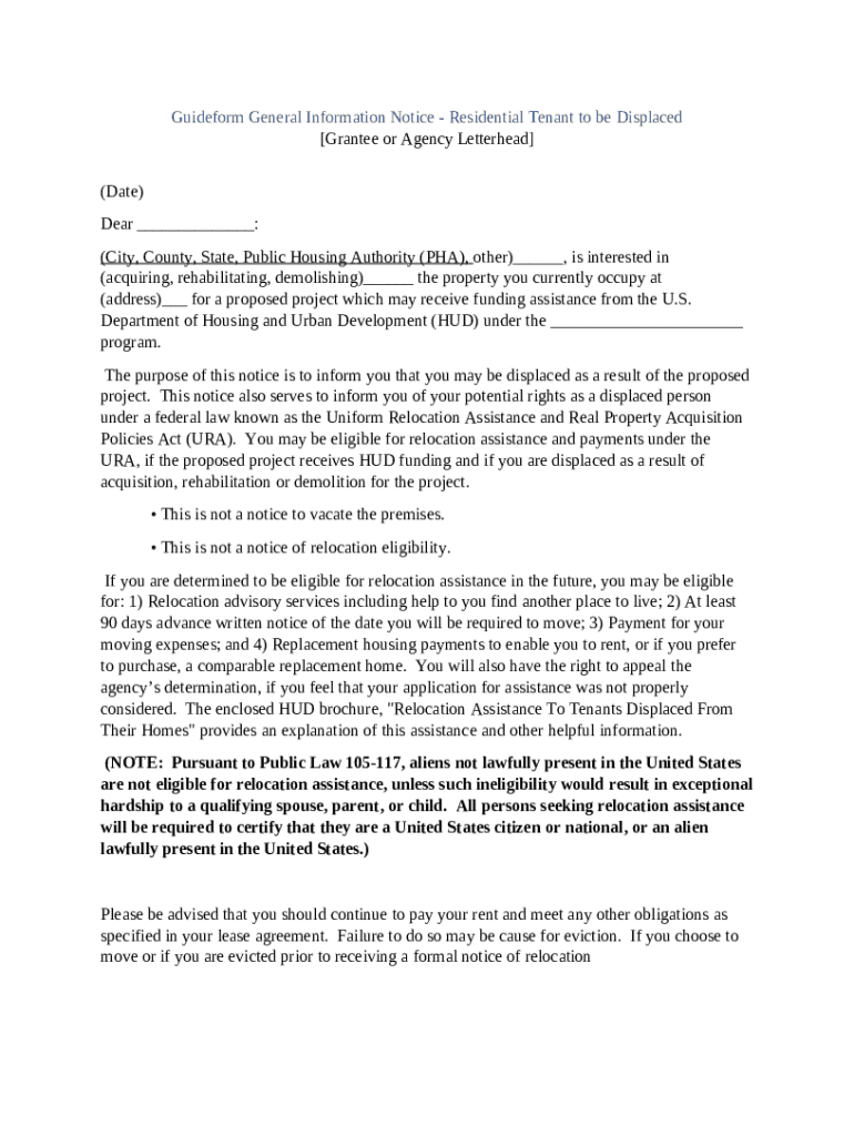 Sample Eligibility for Relocation Assistance Notice for Tenant ... Doc ...
