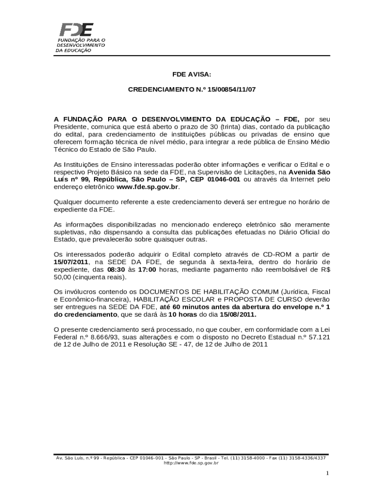 FDE: Fundao para o Desenvolvimento da Educao Doc Template | pdfFiller