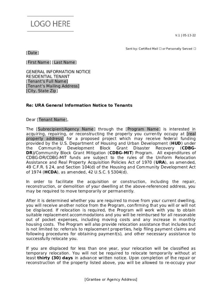 Notice of Non-Displacement: No Relocation Required Doc Template | pdfFiller