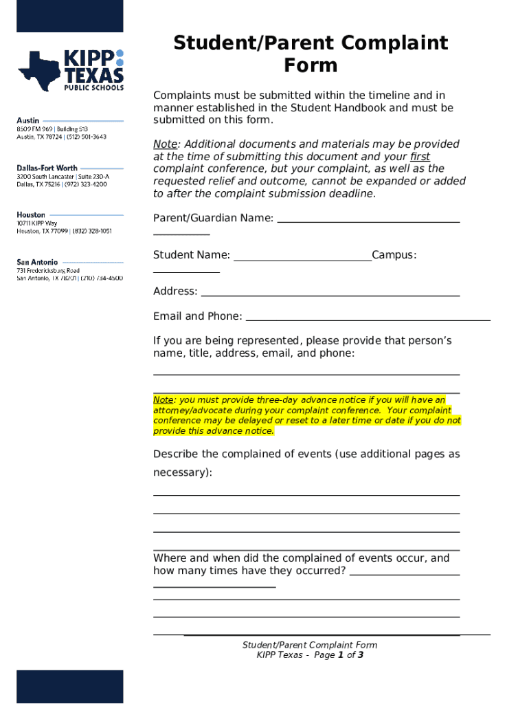 Student Parent Level 2-5 Complaint Doc Template | pdfFiller