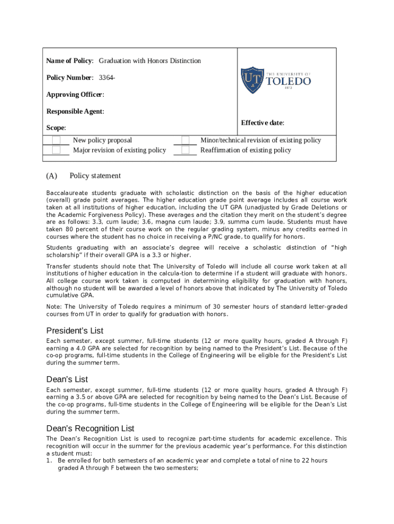 Graduation with honors distinction; dean's list; president's list Doc ...