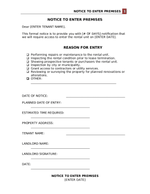 Notice to Enter Landlord Notice of Entry (US) Doc Template | pdfFiller