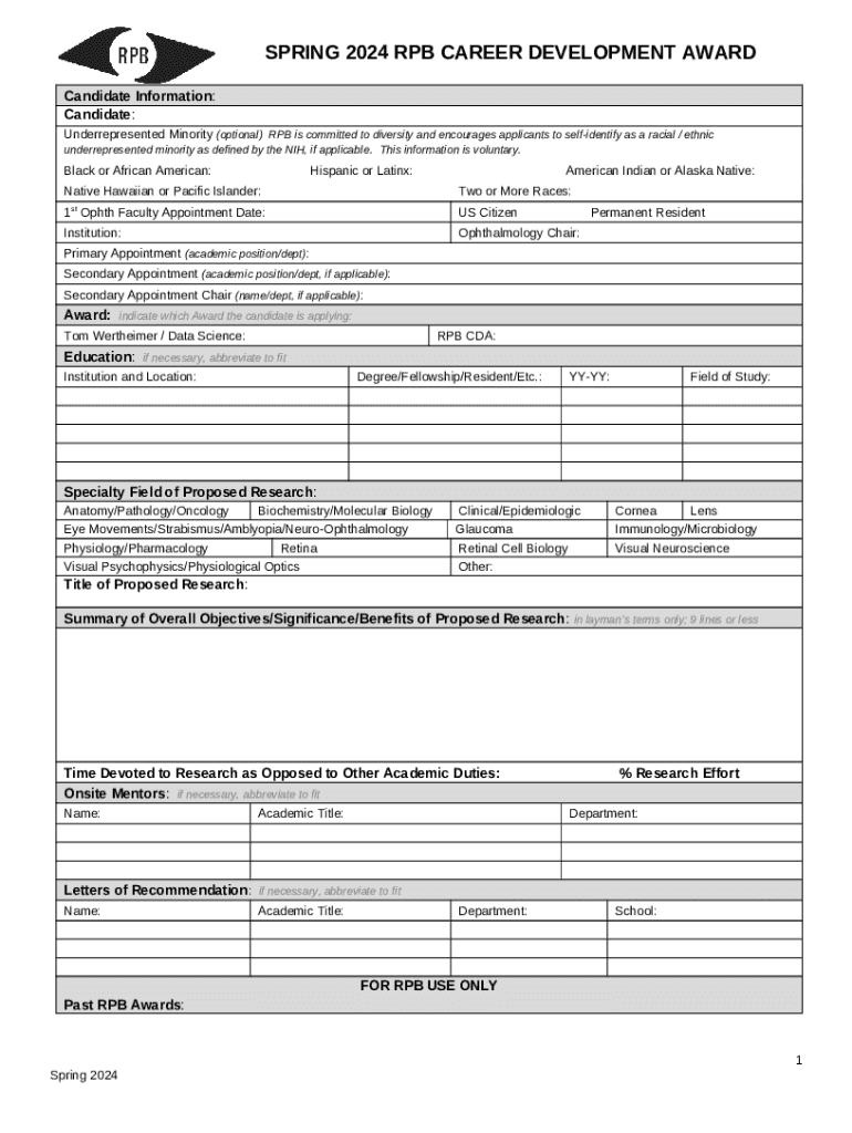 RPB Career Development Award Application Doc Template | pdfFiller