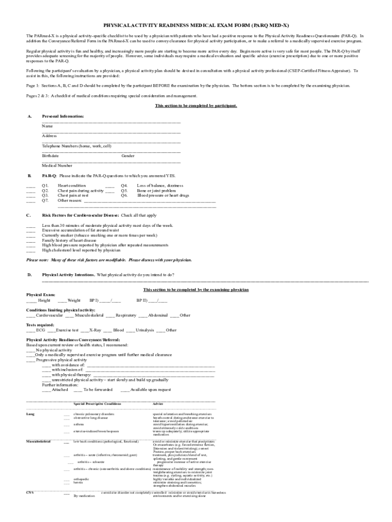 Physical Activity Readiness Medical Exam Form (PARQ MED-X) - Blank ...