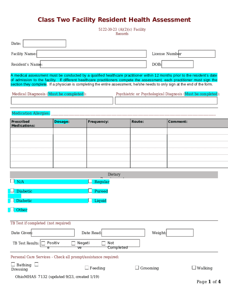 Class Two Facility Resident Health Assessment Doc Template | pdfFiller