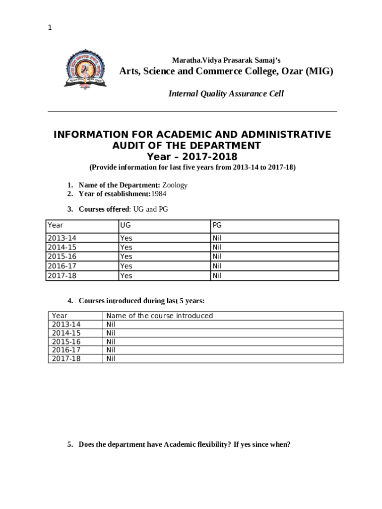 Self Study Report On Academic & Administrative Audit (AAA) Doc Template | pdfFiller