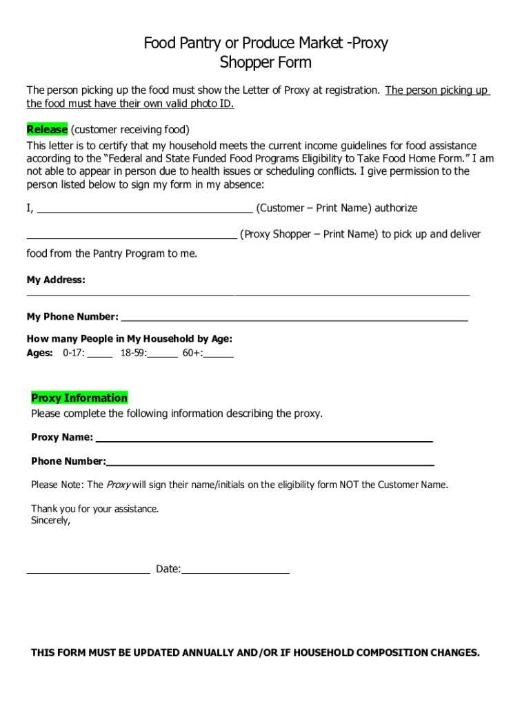 Fillable Online Food Pantry or Produce Market -Proxy Shopper Form Fax ...