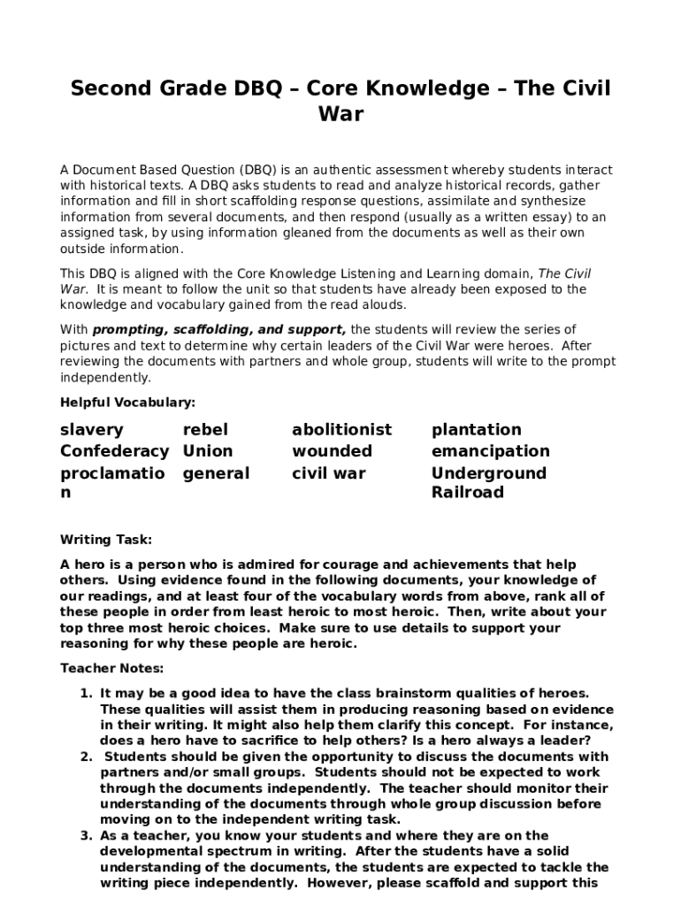 Second Grade DBQCore KnowledgeThe Civil War Doc Template | pdfFiller
