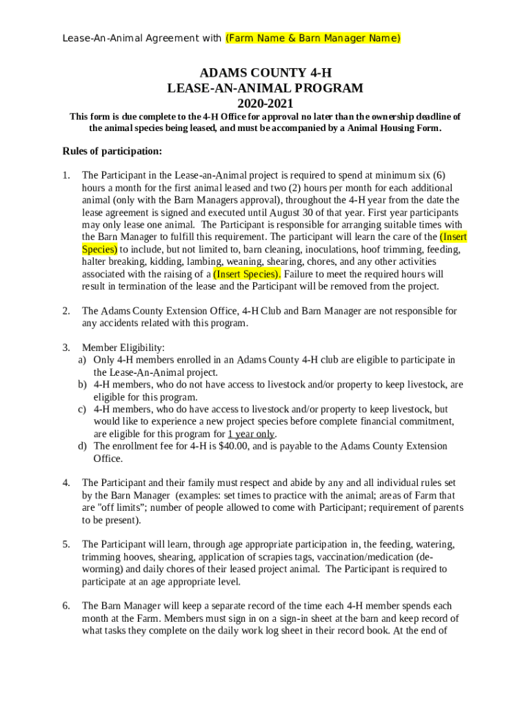 adams county 4-h lease-an-animal program 2020-2021 Doc Template | pdfFiller