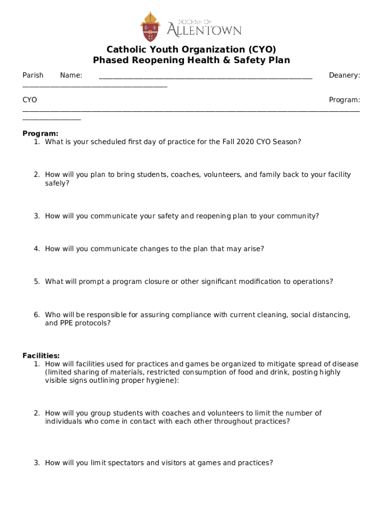 When the Time Comes, CYO Will Return to Play Safely Doc Template | pdfFiller