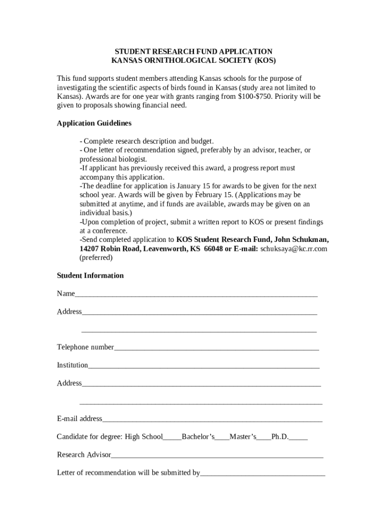 STUDENT RESEARCH FUND APPLICATION KANSAS ... Doc Template | pdfFiller